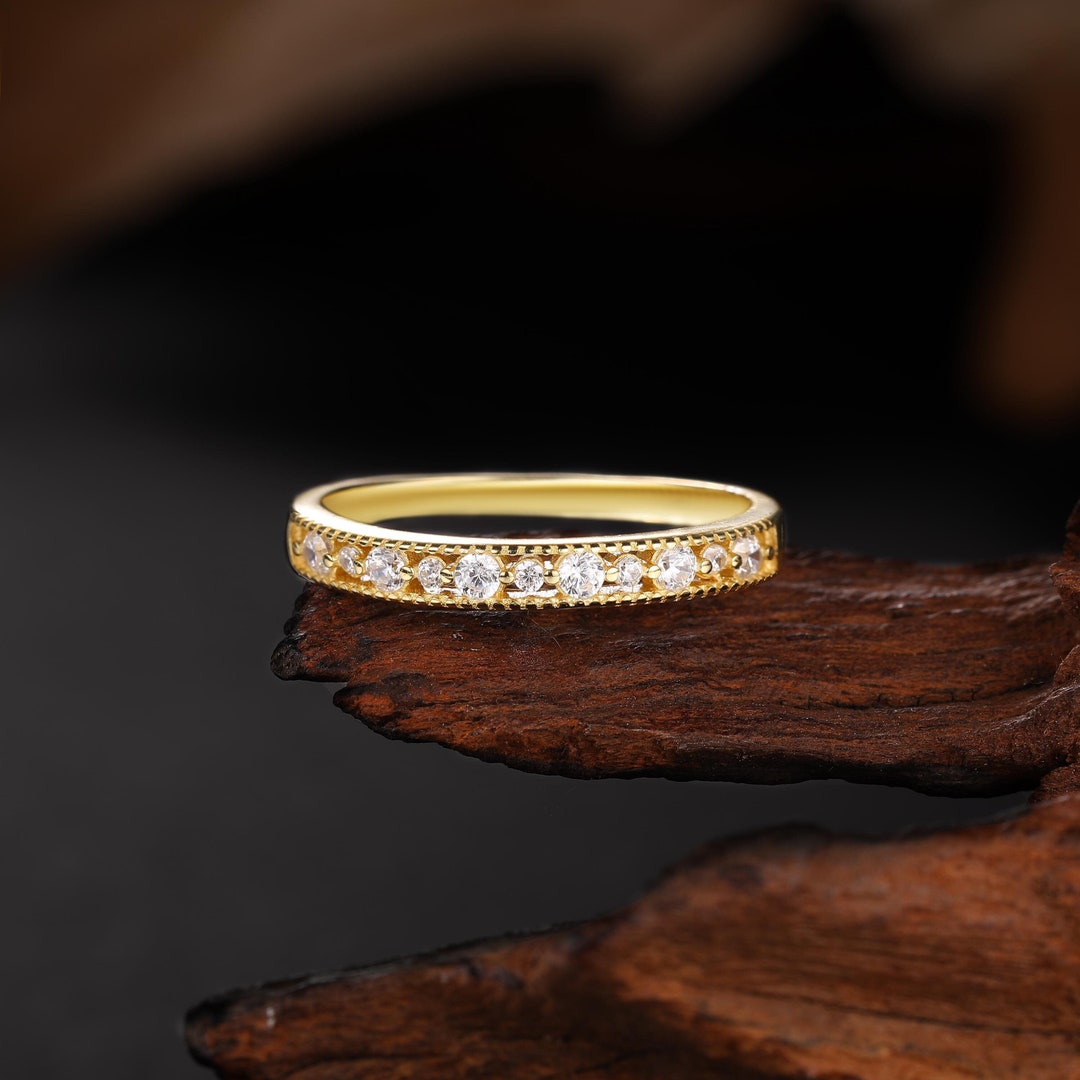 Vintage Yellow Gold Wedding Band, Milgrain Stackable Ring, Half ...