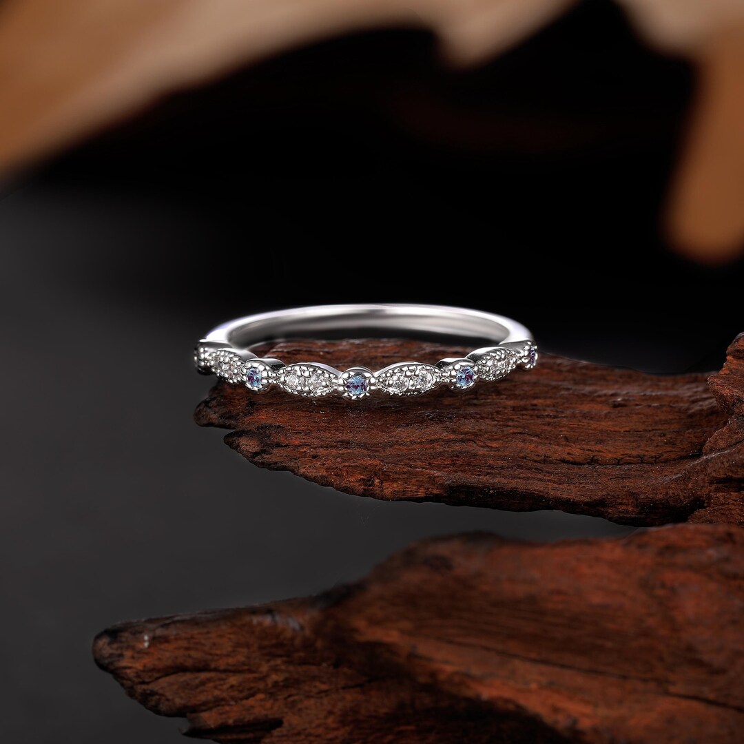 Lab Alexandrite Wedding Band, Vintage Stacking Ring, Half Eternity Matching Ring, White Gold ...