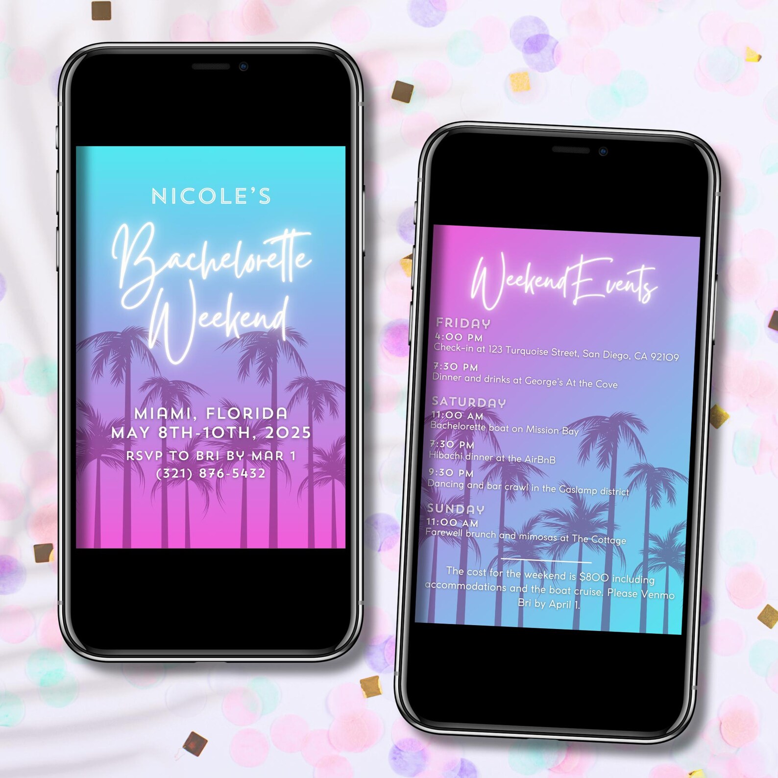 Miami Bachelorette Party Invitation & Itinerary Template | Neon, Sunset ...