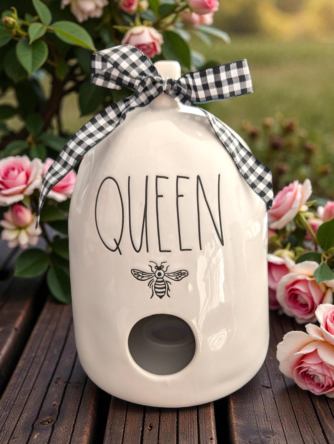 Rae Dunn - "queen" Bee - Beehive Shaped Decor Like New With Gingham Bow ...