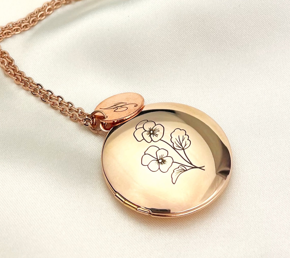 Custom Engraving Locket Necklace Birth Flower Ad on Charm - Etsy