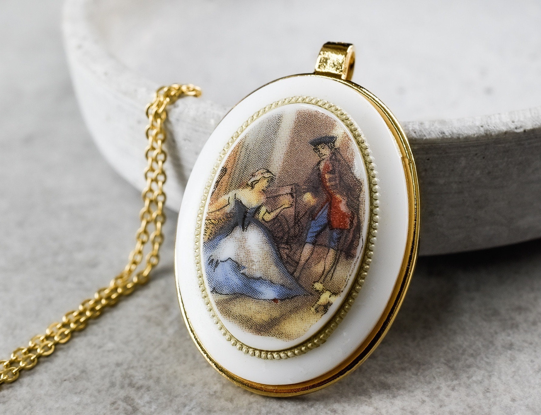 Vintage Porcelain Pendant 70s Real Retro Cabochon Gold | Etsy