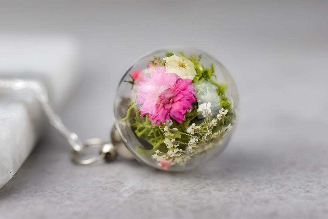 Flower Bouquet Pendant - Real Floral Glass Bauble Sterling Silver ...