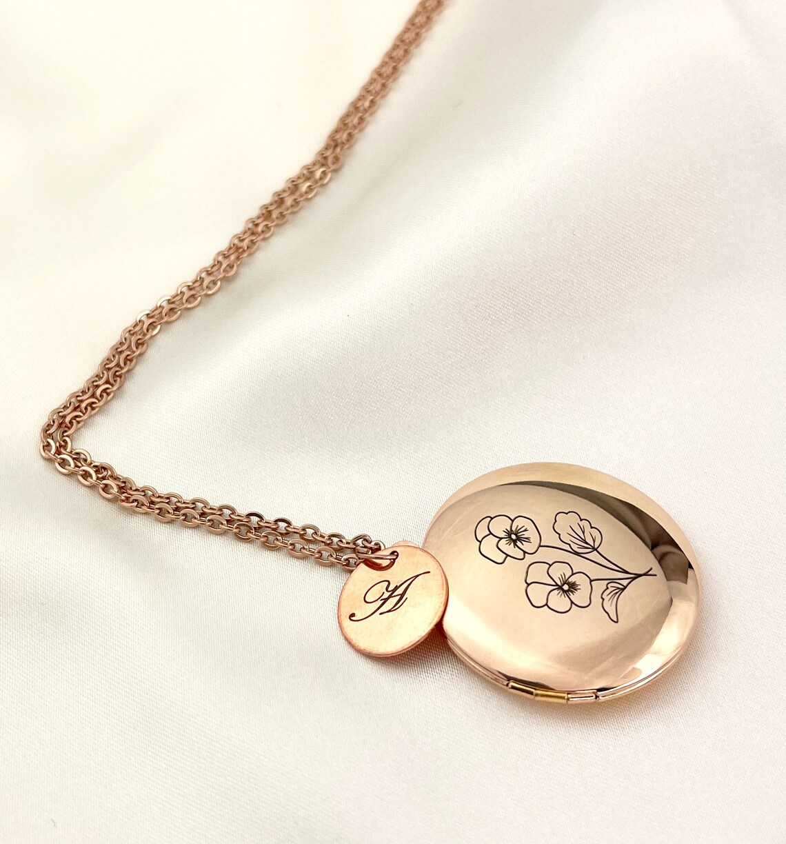 Custom Engraving Locket Necklace Birth Flower Ad on Charm - Etsy