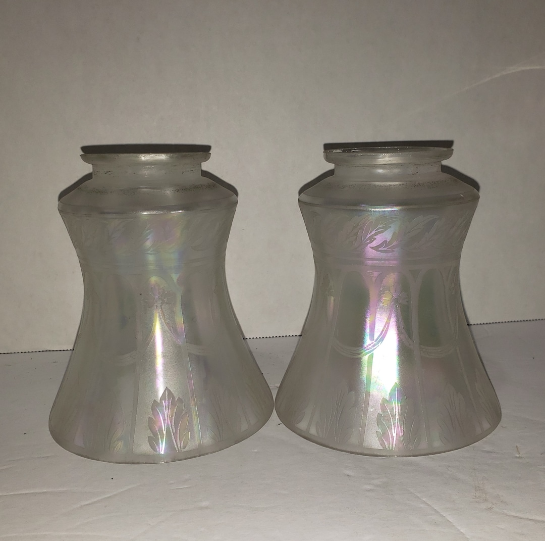 2 Antique Art Nouveau Deco Etched Iridescent Glass Lamp Shades 2 1/4 ...