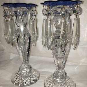 Cut Crystal Glass Candle Holders Blue Bobeches and Prisms - Etsy