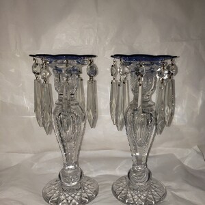 Cut Crystal Glass Candle Holders Blue Bobeches and Prisms - Etsy