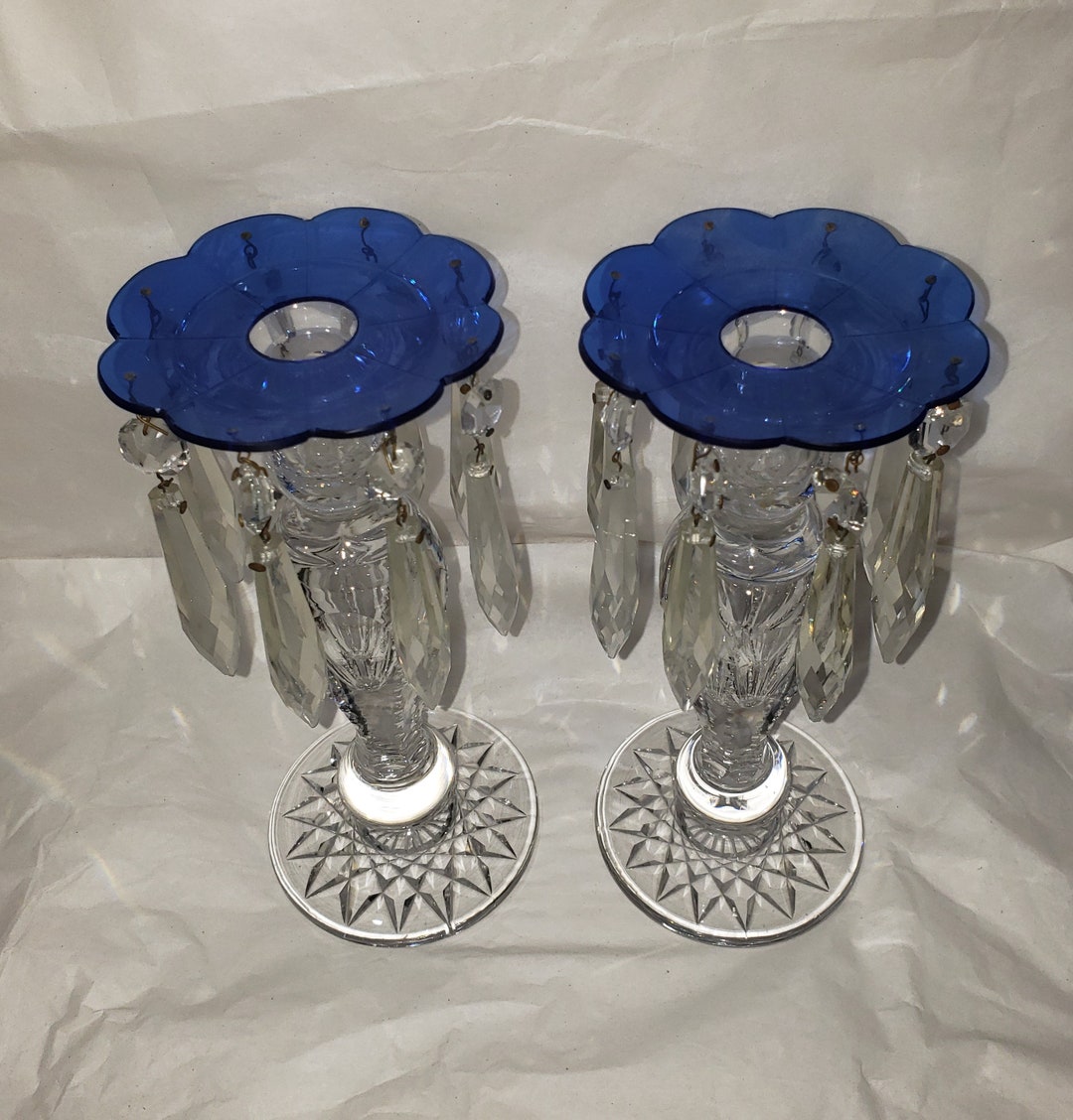 Cut Crystal Glass Candle Holders Blue Bobeches and Prisms - Etsy