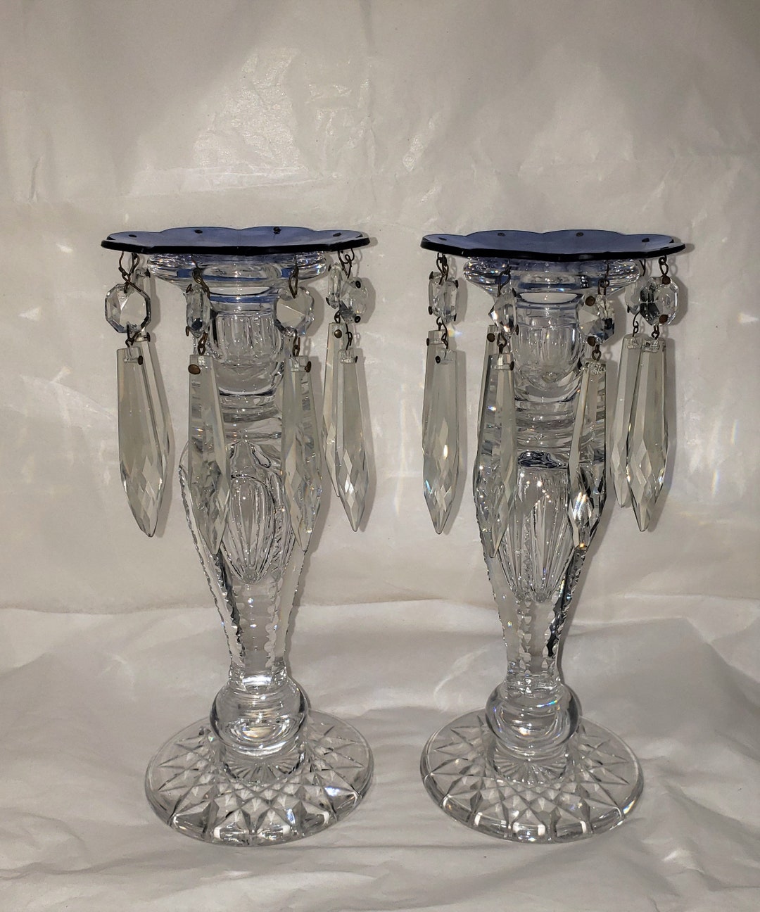 Cut Crystal Glass Candle Holders Blue Bobeches and Prisms - Etsy