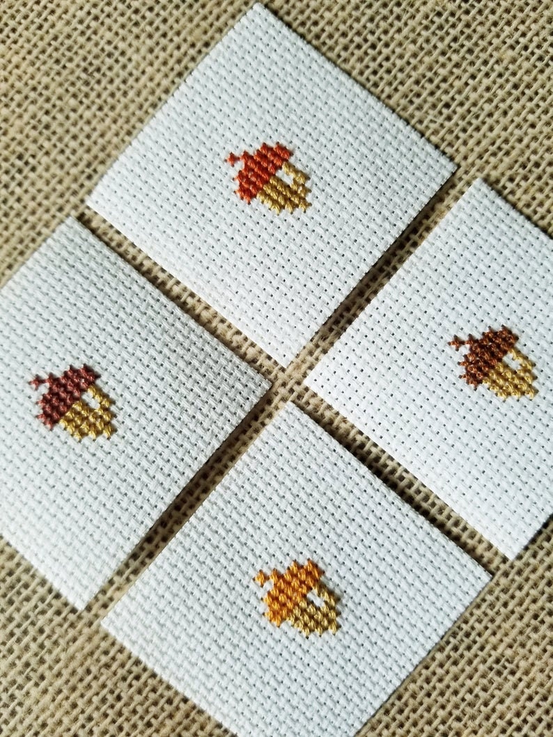 Completed Cross Stitch Fall Autumn Acorns 4 Mini Pieces for - Etsy