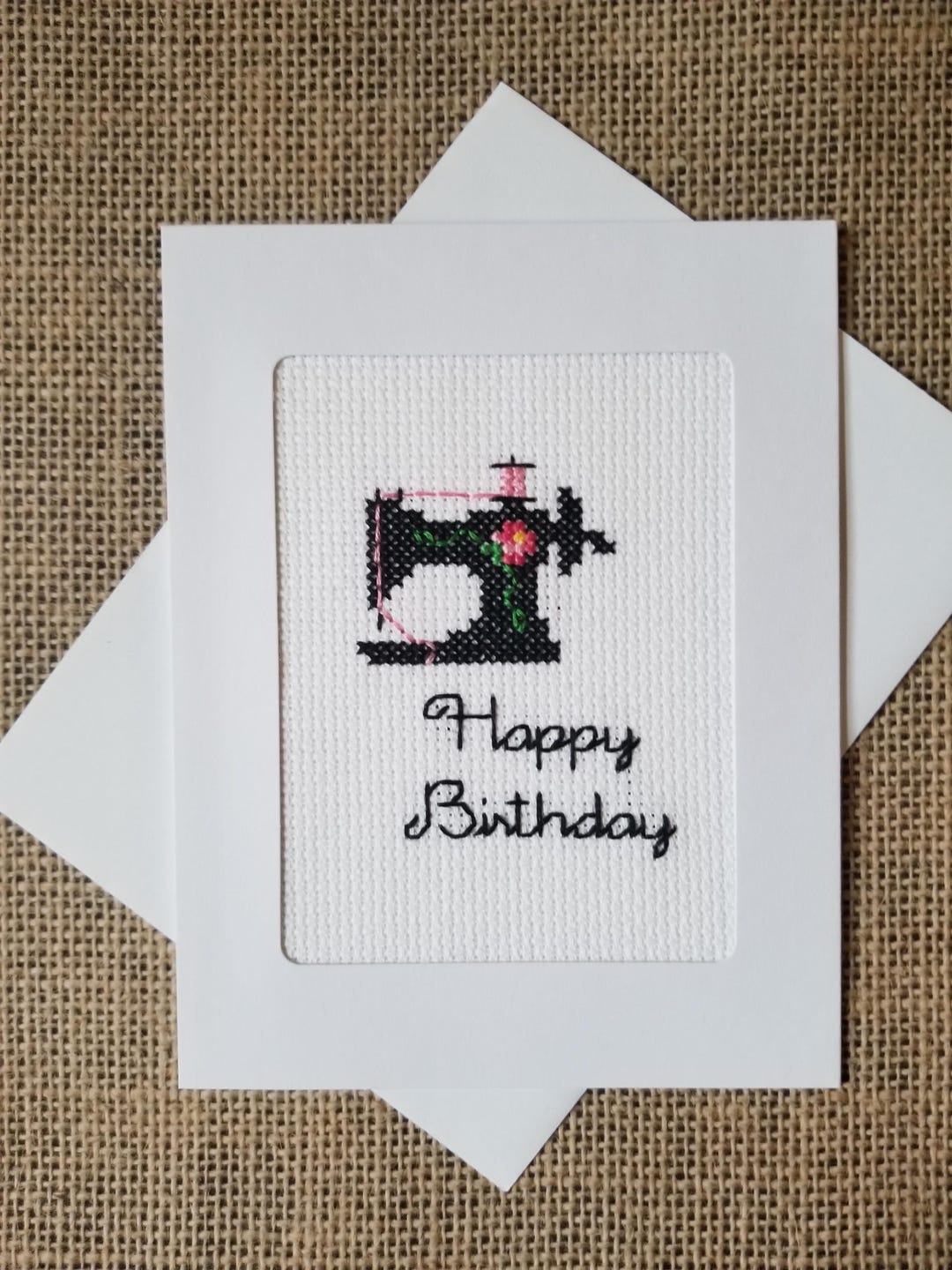 Finished Cross Stitch Happy Birthday Sewing Machine Blank Note Greeting ...