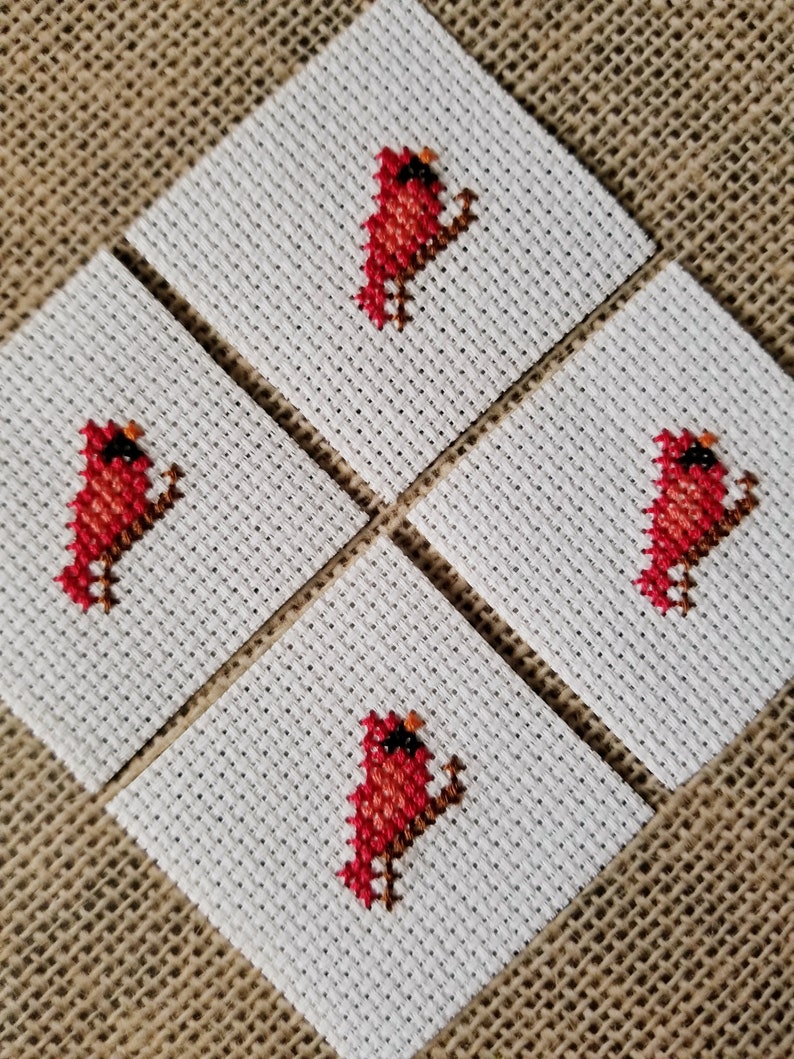 Completed Cross Stitch Red Cardinal 4 Mini Pieces for DIY - Etsy