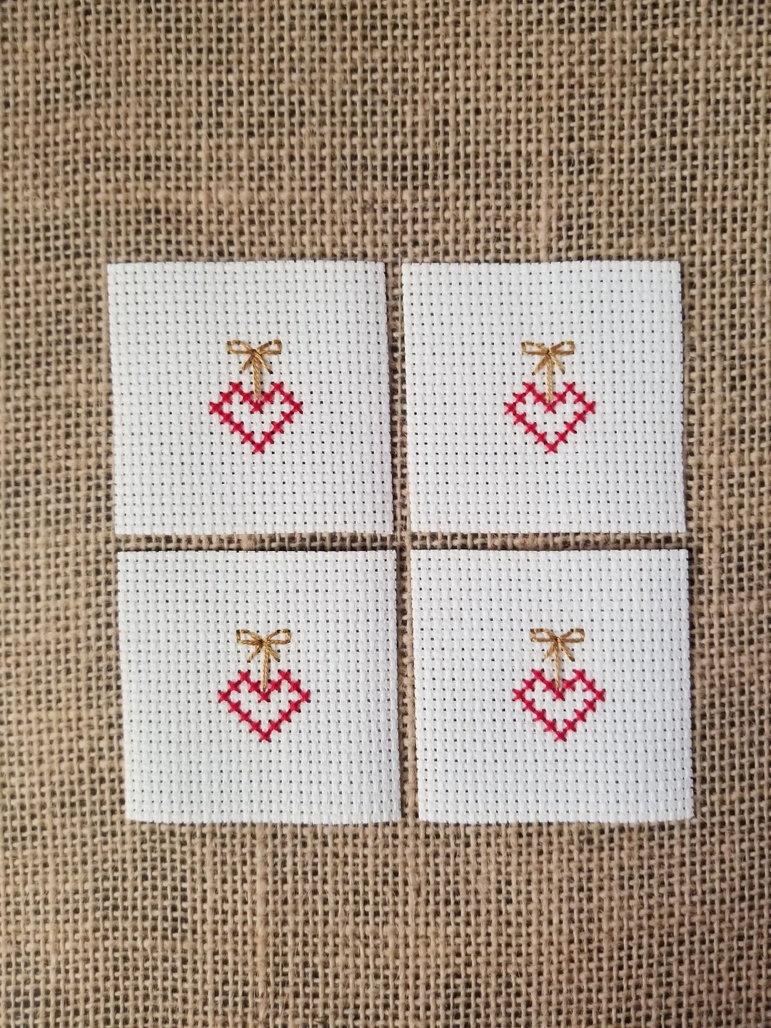 Completed Cross Stitch Red Heart Wreath 4 Mini Pieces for DIY Crafts - Etsy