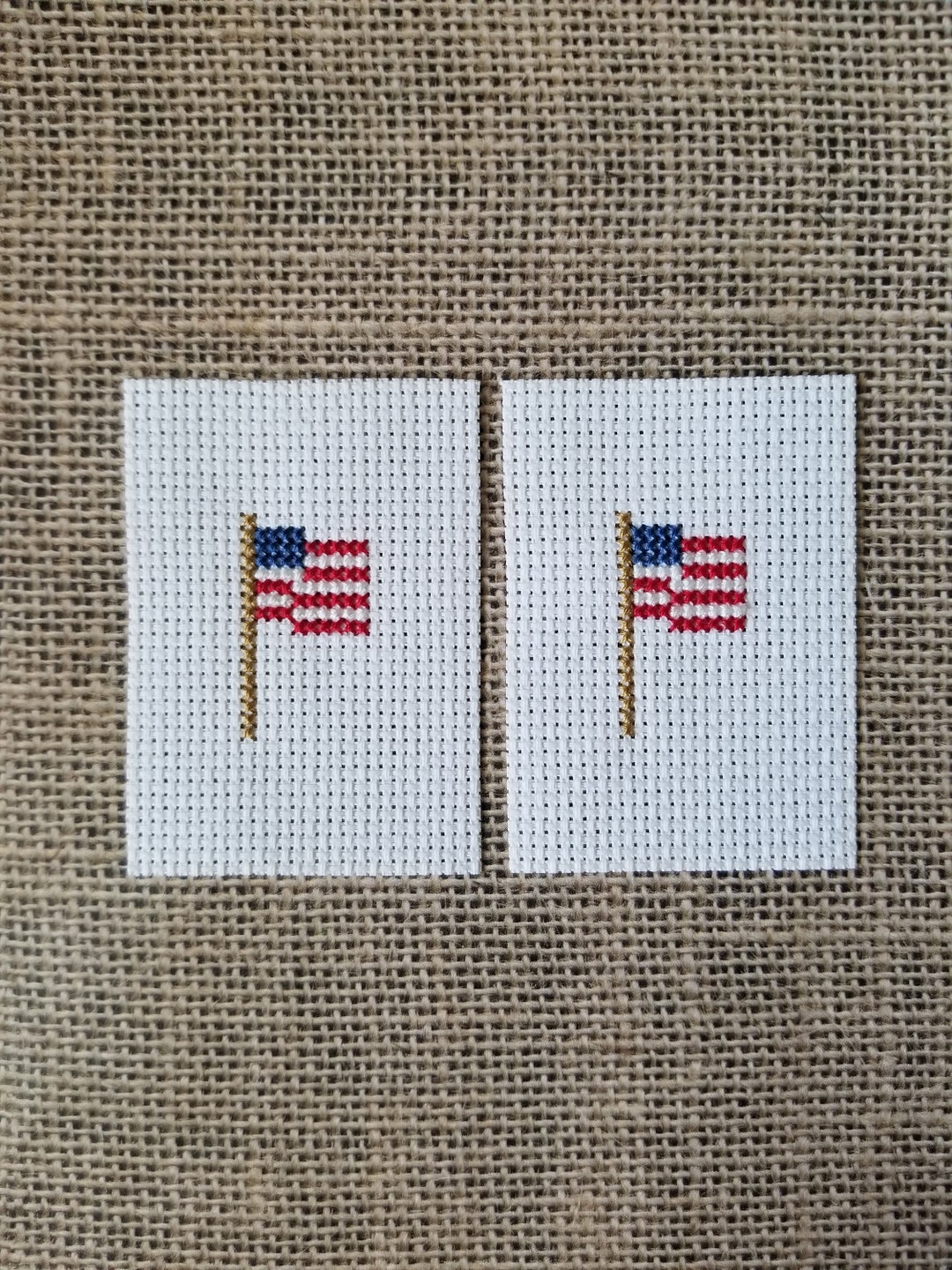 Completed Cross Stitch Flying USA Patriotic Flag 2 Mini Pieces for DIY ...