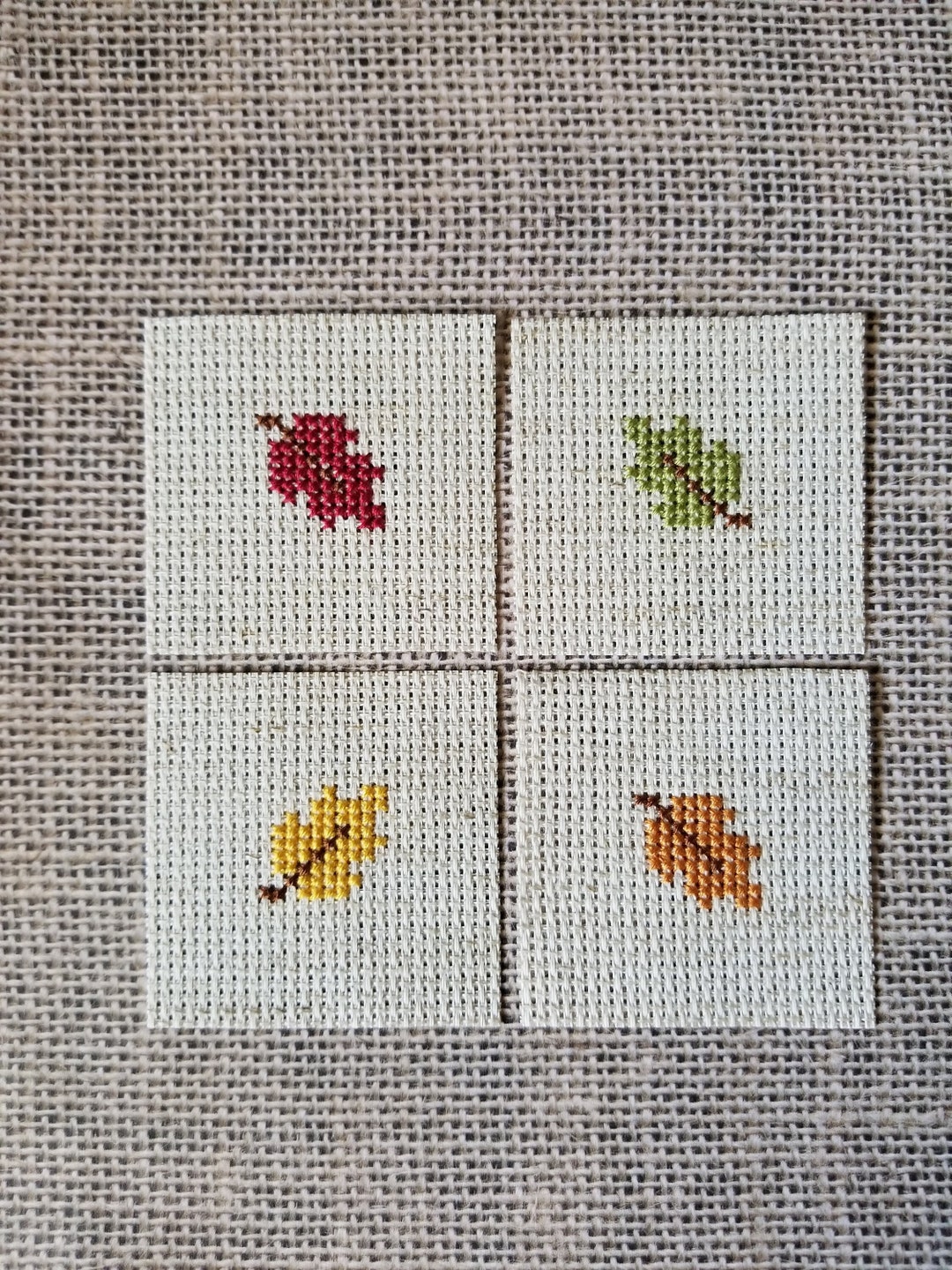 Completed Cross Stitch Fall Autumn Leaves 4 Mini Pieces for DIY Crafts ...
