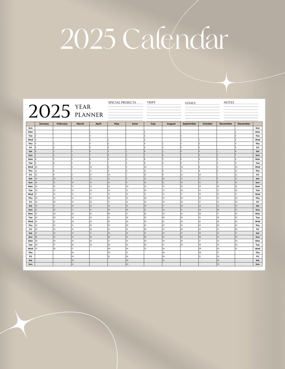 2025 Yearly Planner, Printable, One Page Year at a Glance Overview ...