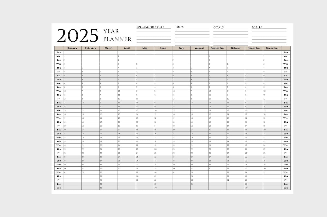 2025 Yearly Planner, Printable, One Page Year at a Glance Overview ...