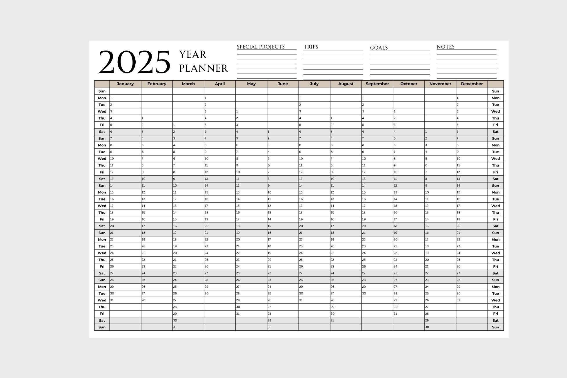 2025 Yearly Planner, Printable, One Page Year at a Glance Overview ...
