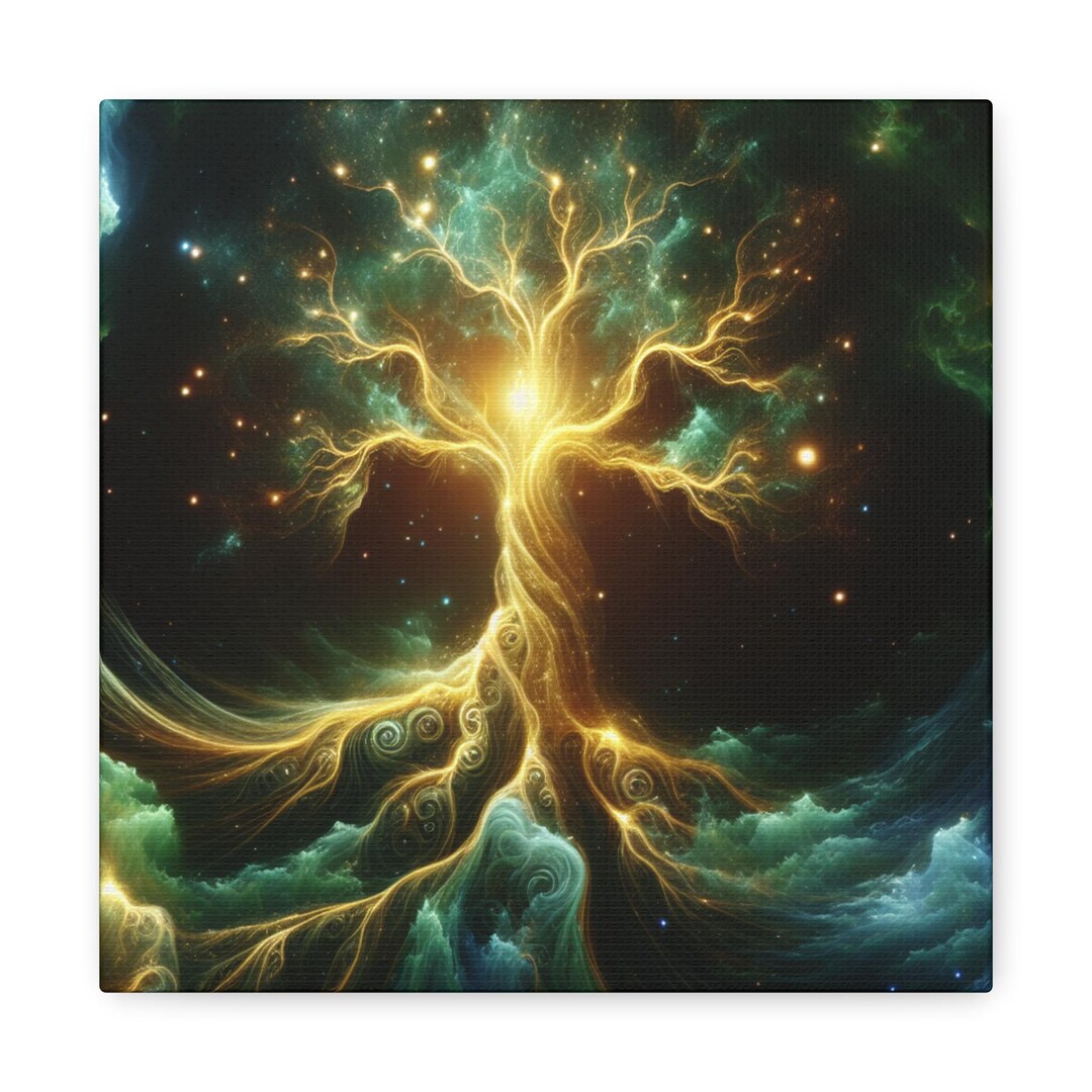 Canvas Wall Art, Sacred Tree of Wisdom, Celestial Blues and Fiery Golds ...