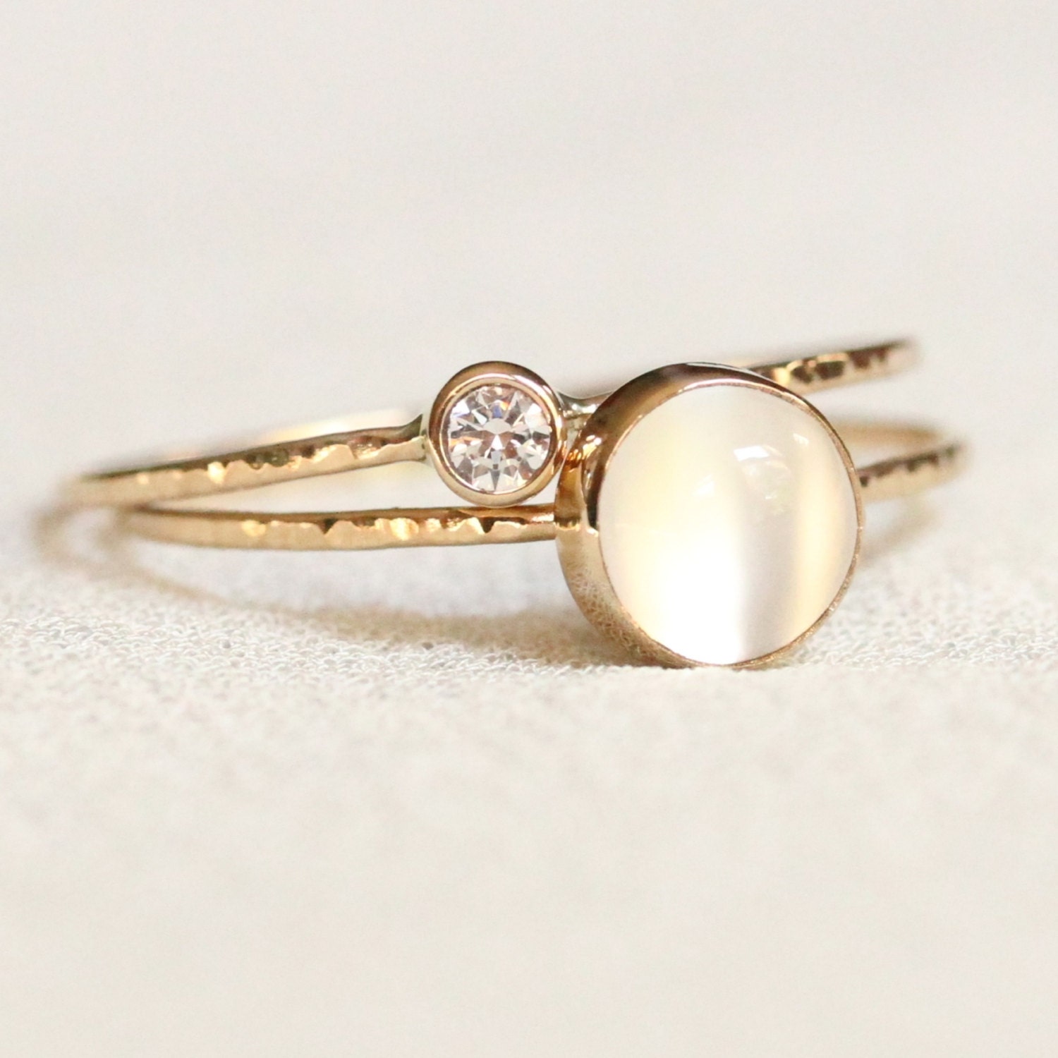 Delicate Diamond and Moonstone Stack Ring Set Two SOLID 14k | Etsy