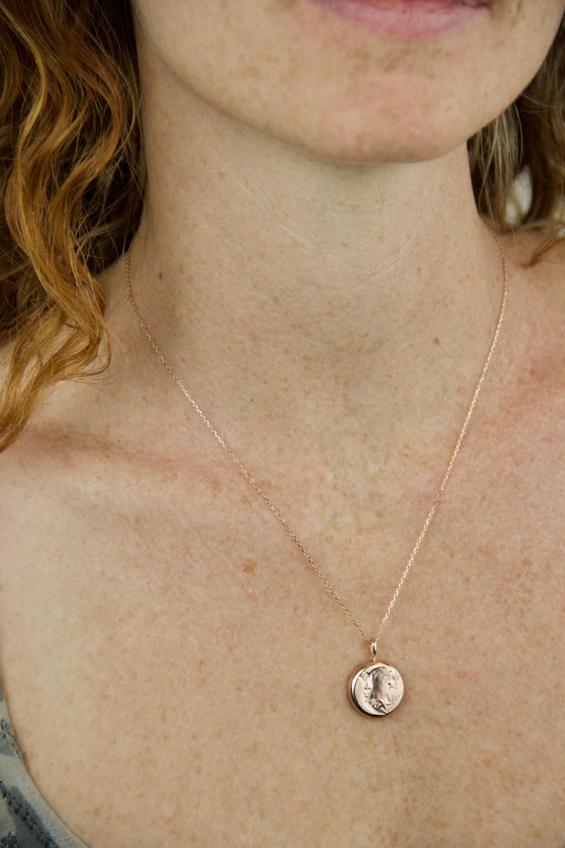 14k Rose Gold and Diamond Moon Face Necklace | Diamond Stars | SOLID ...