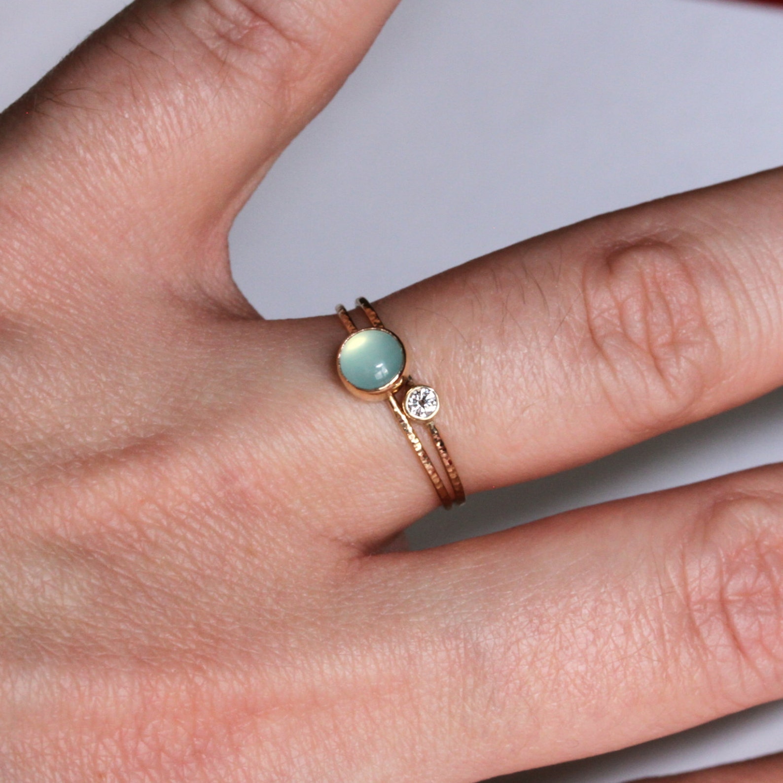 White Diamond and Aqua Chalcedony Rings SOLID 14k Gold - Etsy