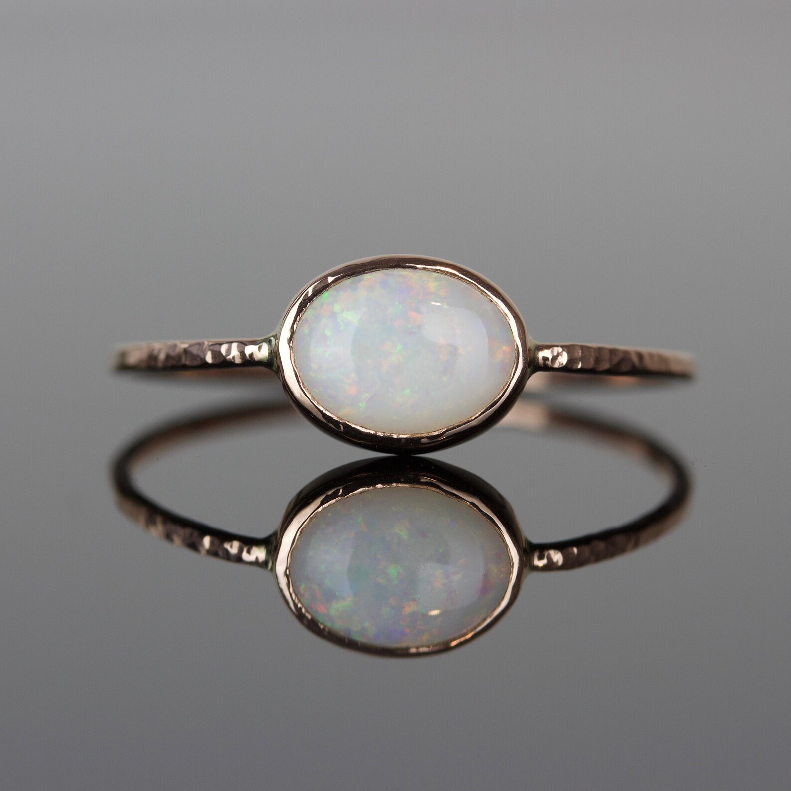 SOLID Gold Natural AAA Oval Opal Ring 14k Gold Simple Stack | Etsy