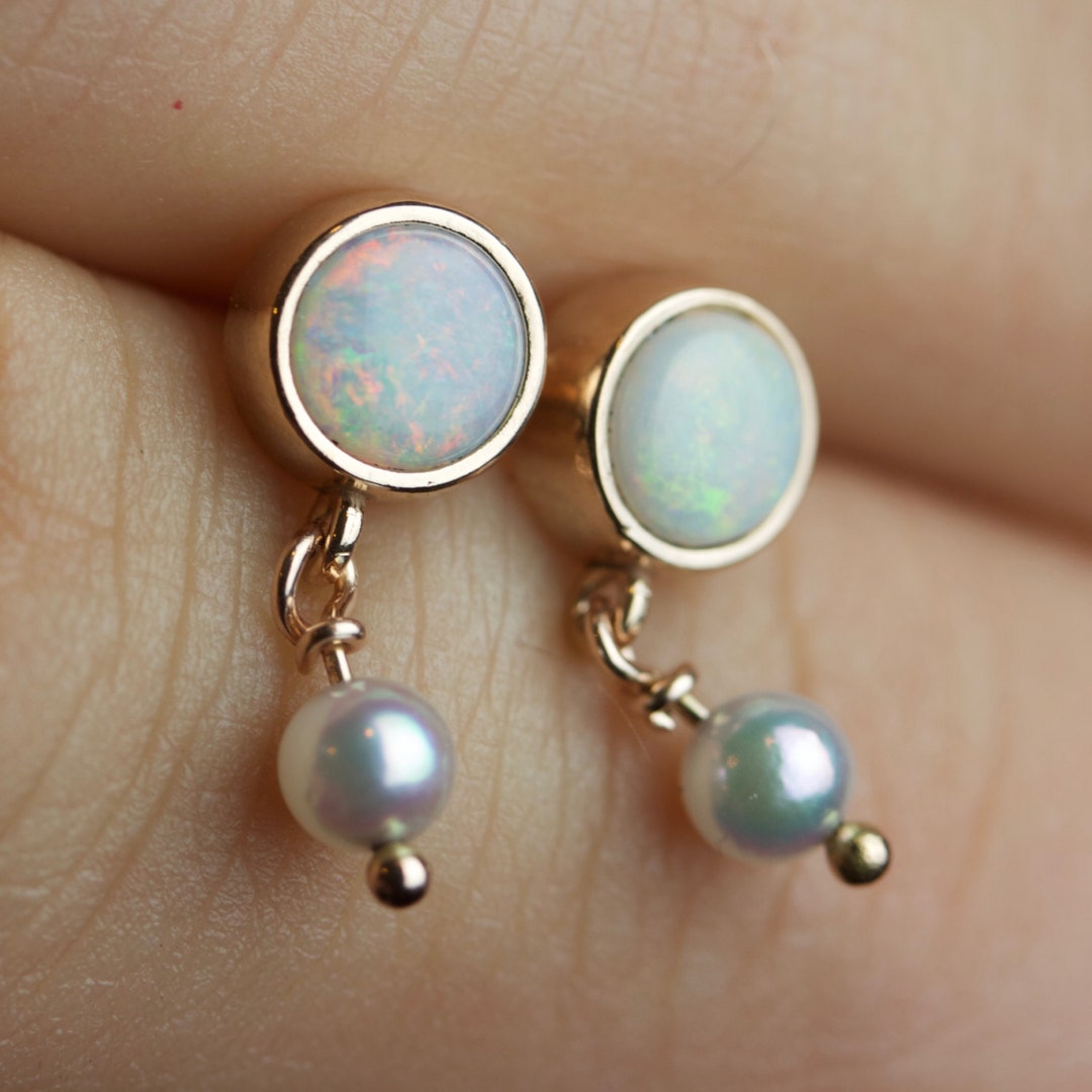 SOLID Gold Natural Opals and Akoya Pearl Earrings | 14k Rose Gold ...