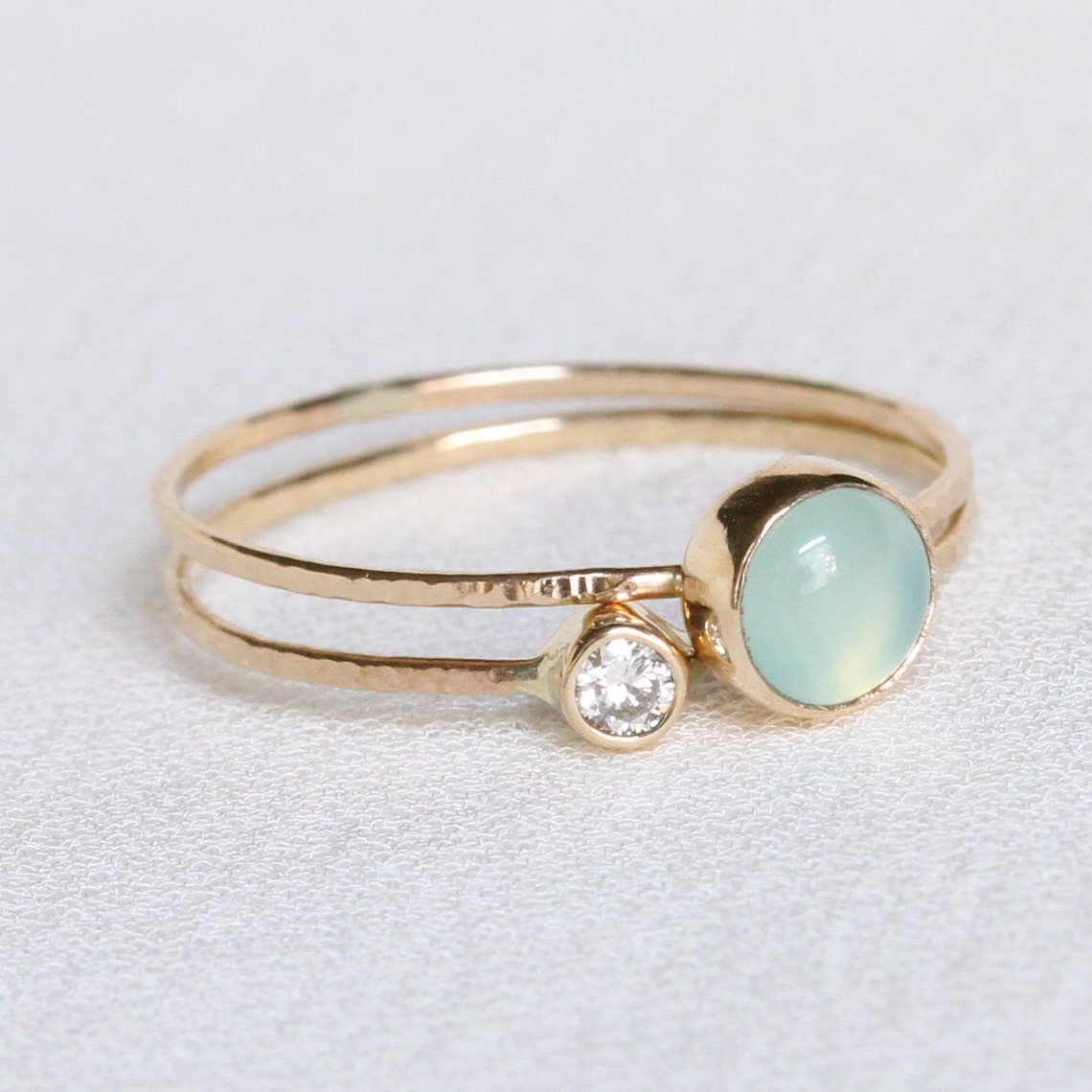 White Diamond and Aqua Chalcedony Rings SOLID 14k Gold - Etsy