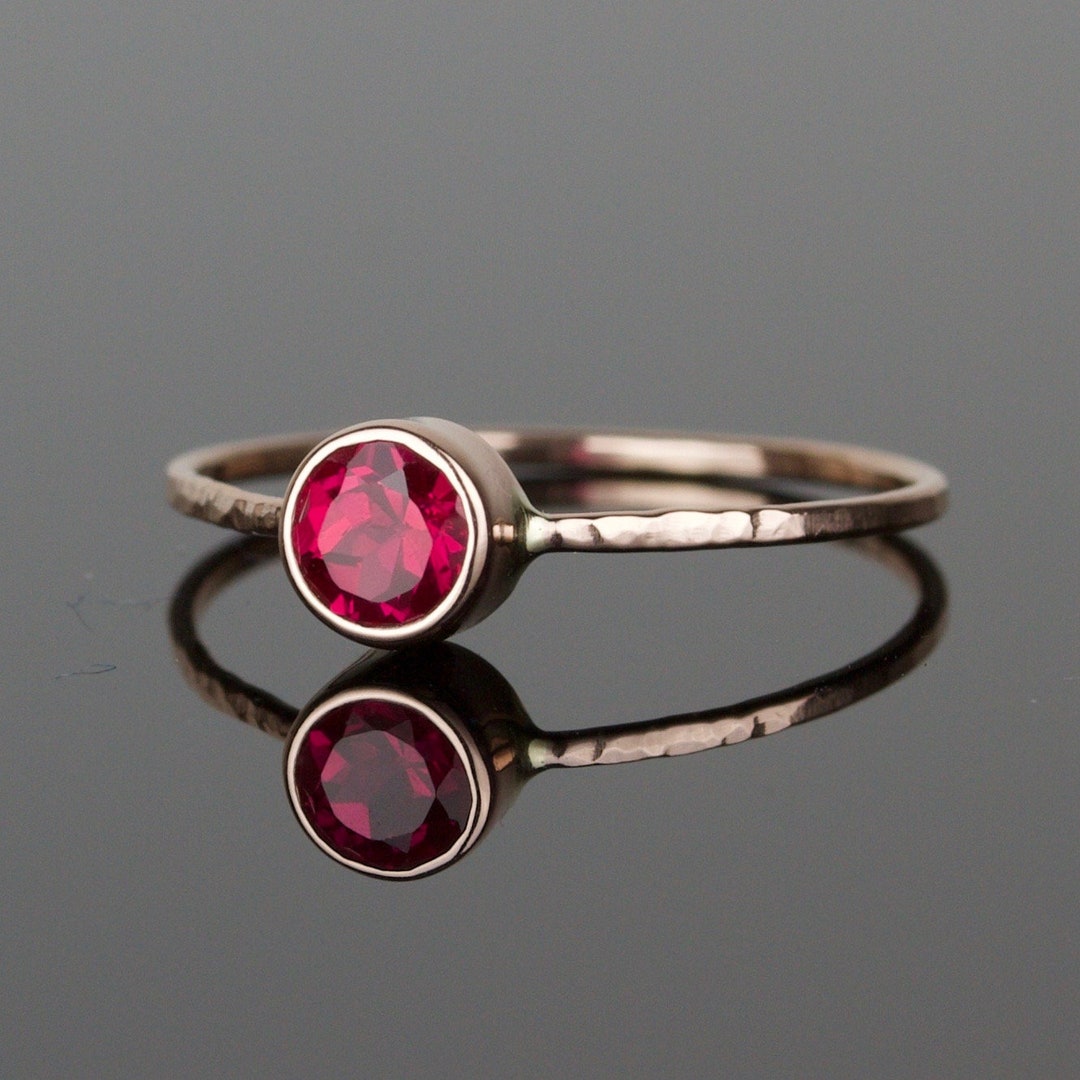 Dainty Lab Grown Ruby Ring in SOLID 14k Rose or White or Yellow Gold 5mm Lab Ruby Ring Dainty ...