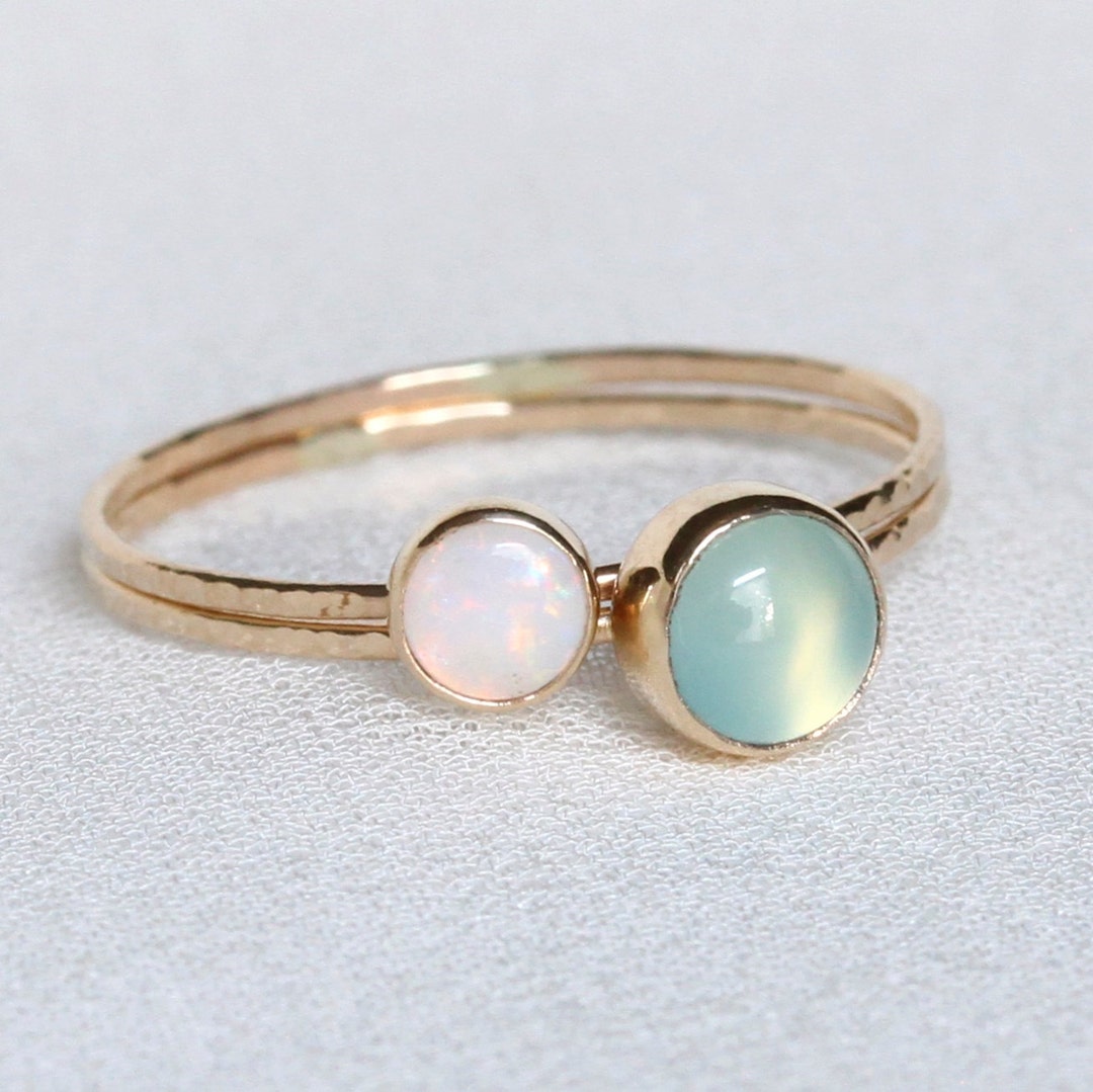 SOLID Gold Natural Opal and Aqua Chalcedony | Set of Two 14k Stacking ...