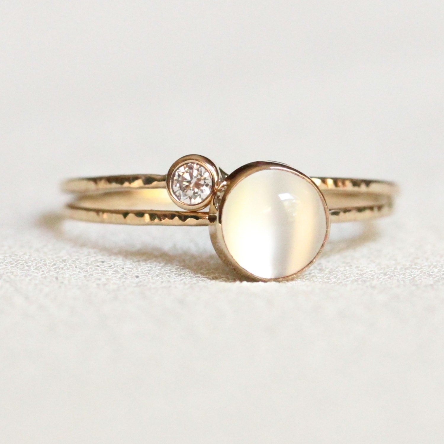 Delicate Diamond and Moonstone Stack Ring Set Two SOLID 14k | Etsy