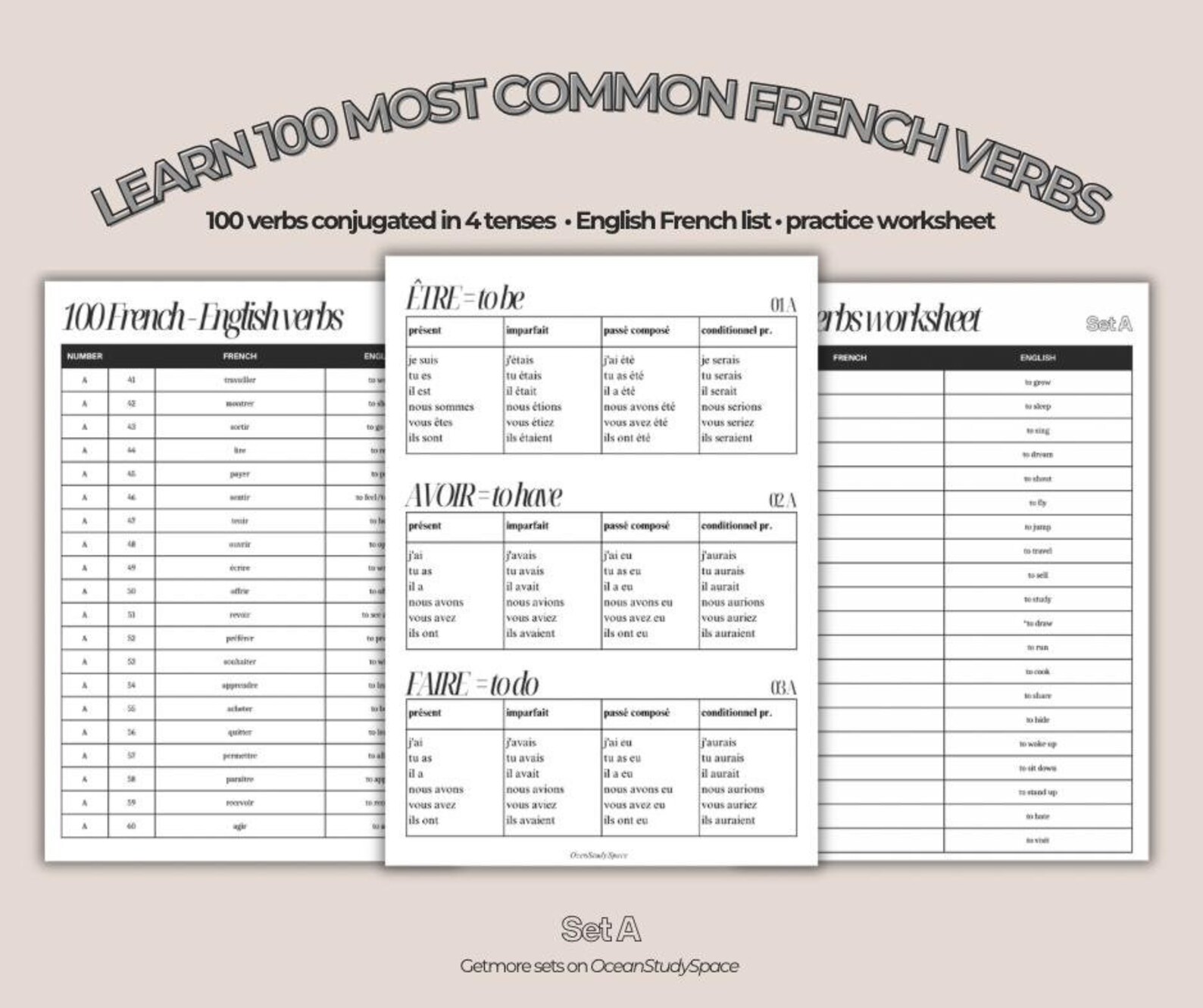 100 Most Common French Verbs - Etsy