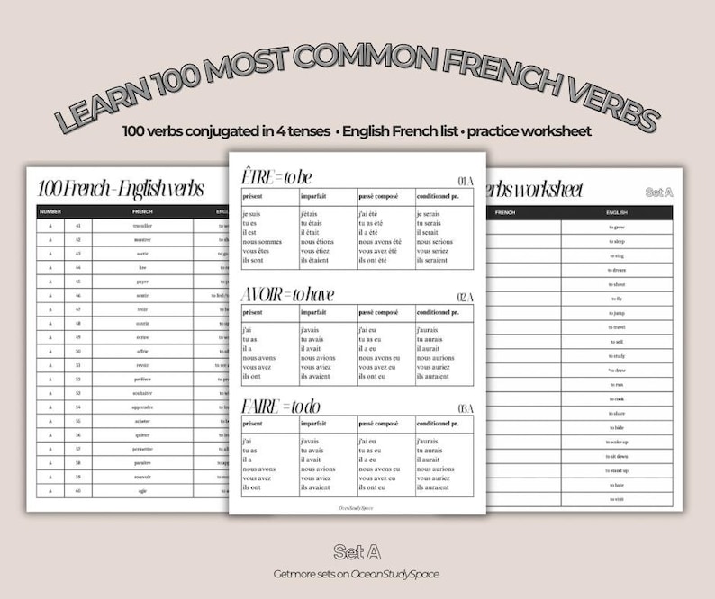 100 Most Common French Verbs - Etsy