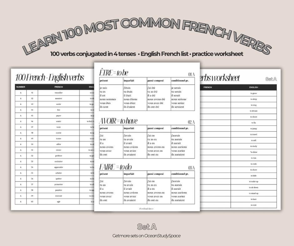100 Most Common French Verbs - Etsy