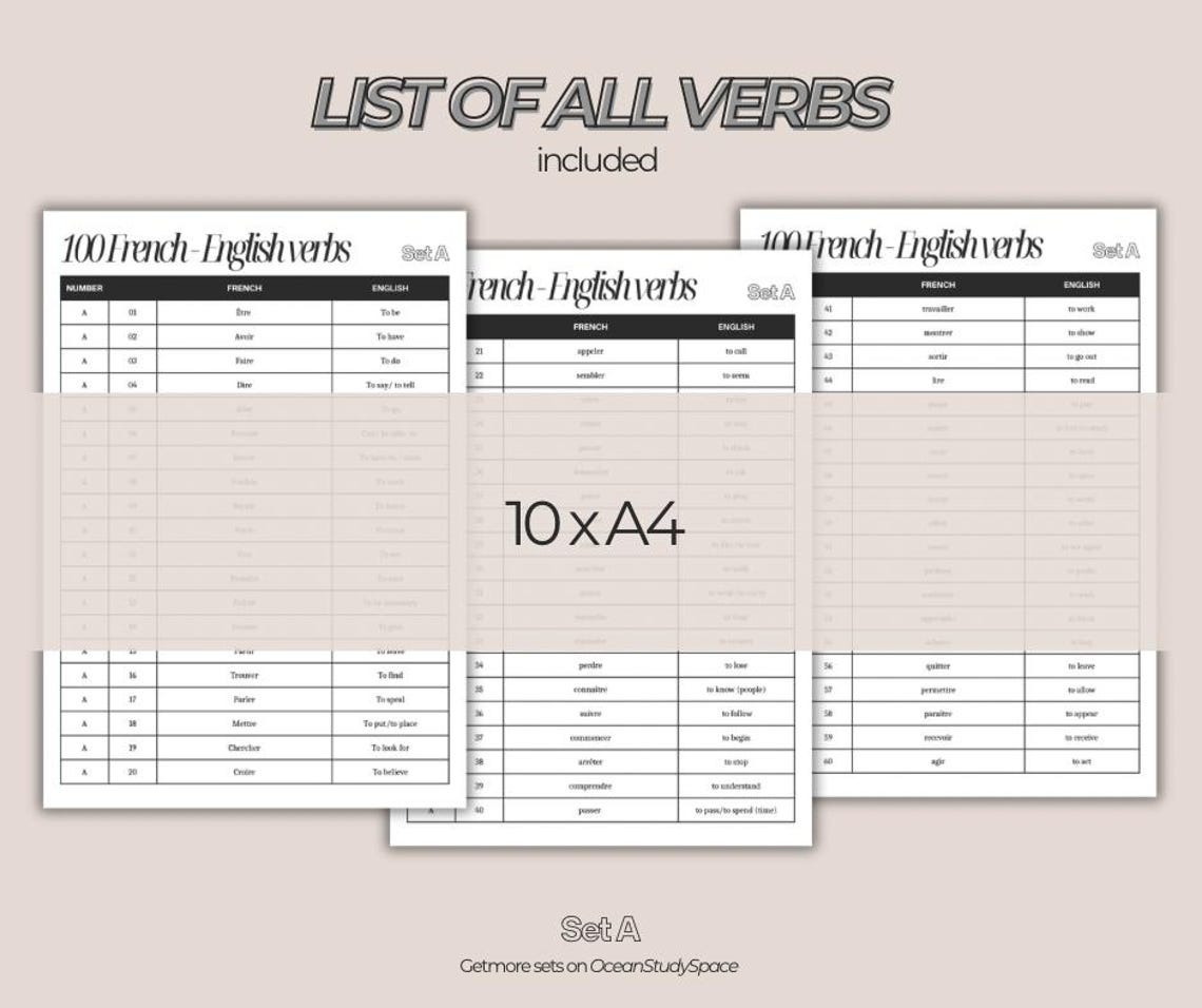 100 French Verbs Flashcards: Printable Study Set (PDF) - Etsy