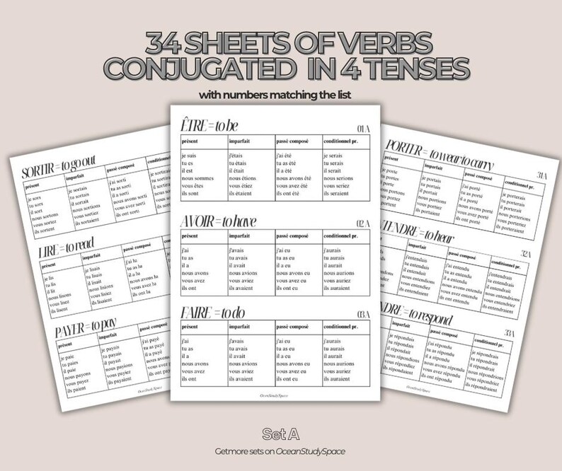 100 Most Common French Verbs - Etsy