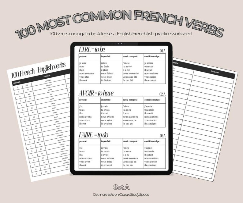 100 Most Common French Verbs - Etsy