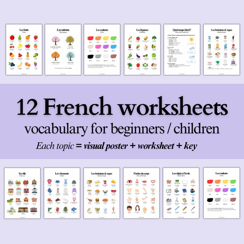 12 French Vocabulary Worksheets | Visual Posters + Practice + Key ...