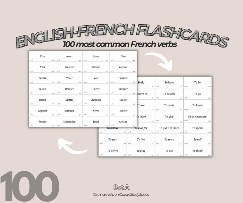 100 French Verbs Flashcards: Printable Study Set (PDF) - Etsy