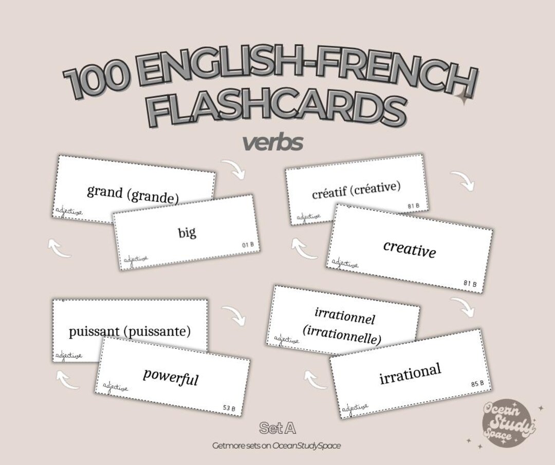 French Adjectives Flashcards: 100 Printable Vocabulary Cards (PDF) - Etsy