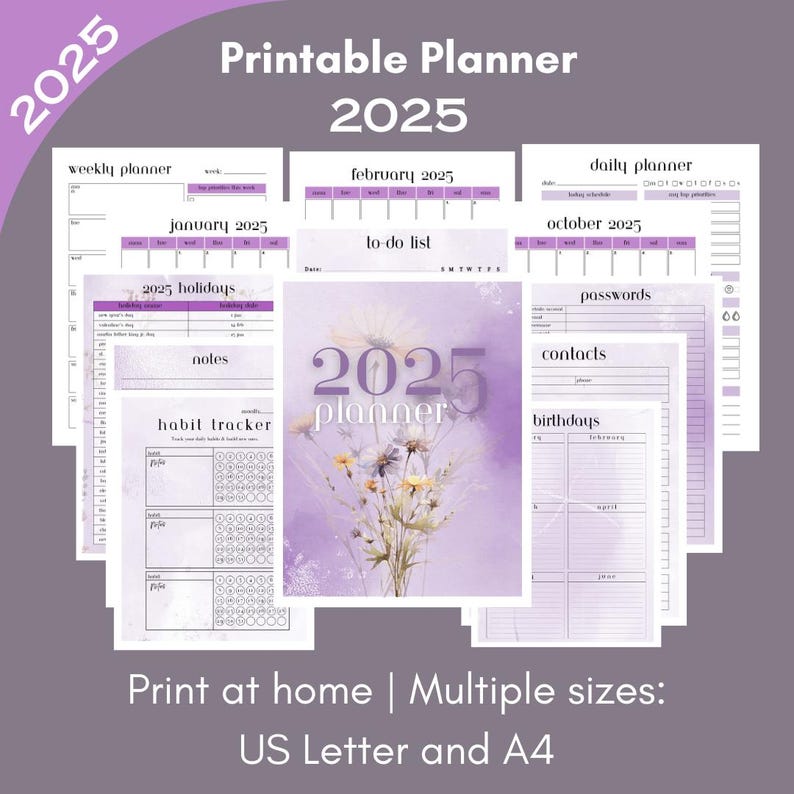 Chic 2025 Floral Planner Printable: Vibrant Purple Watercolor ...
