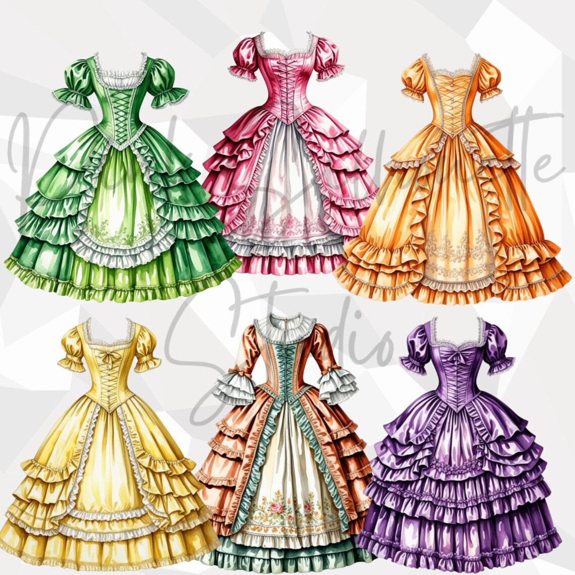 Rococo Fashion Clip Art Pack - 17th Century French Rococo Dresses ...