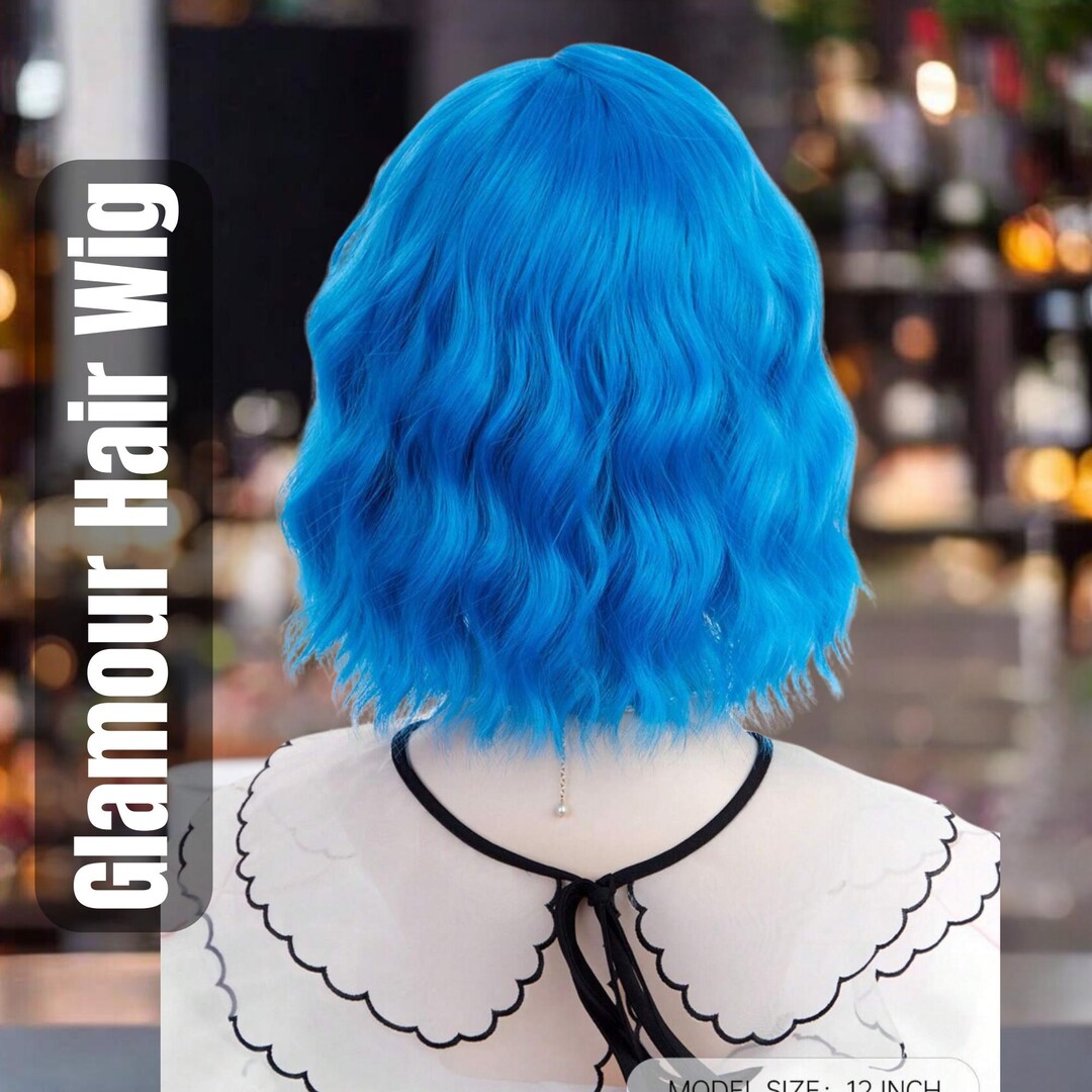 12 Inch Short Wavy Blue Bob Wig With Bangs, Synthetic Heat Resistant ...