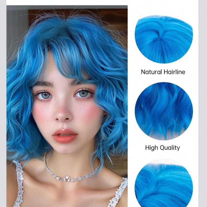 12 Inch Short Wavy Blue Bob Wig With Bangs, Synthetic Heat Resistant ...
