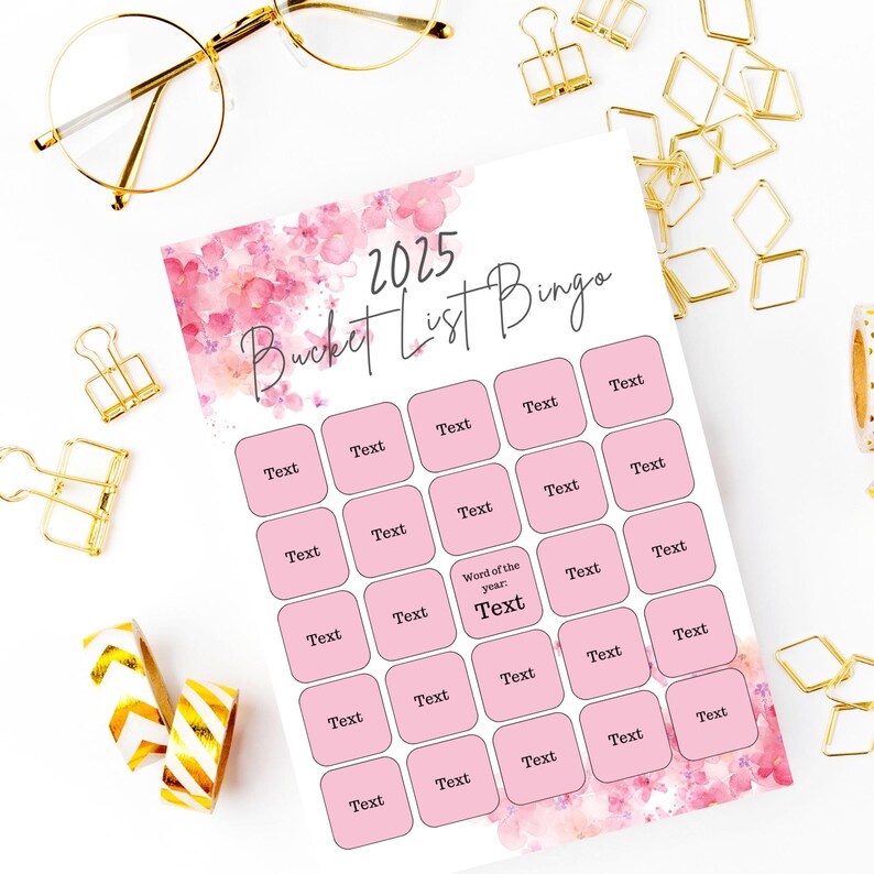 2025 Pink Floral Bucket List Bingo, Printable Template, Goal Setting ...