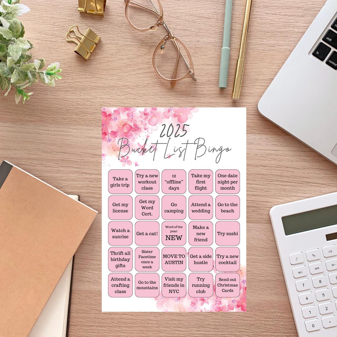 2025 Pink Floral Bucket List Bingo, Printable Template, Goal Setting ...