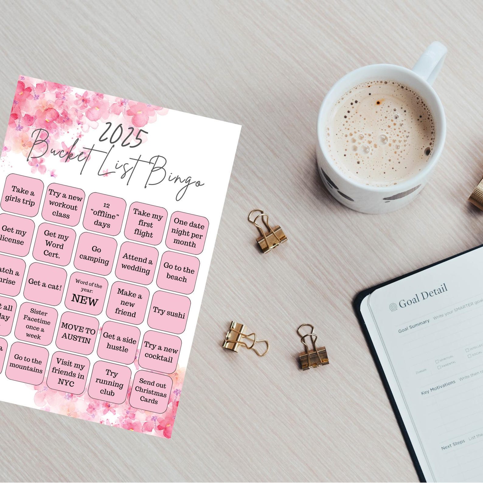 2025 Pink Floral Bucket List Bingo, Printable Template, Goal Setting ...
