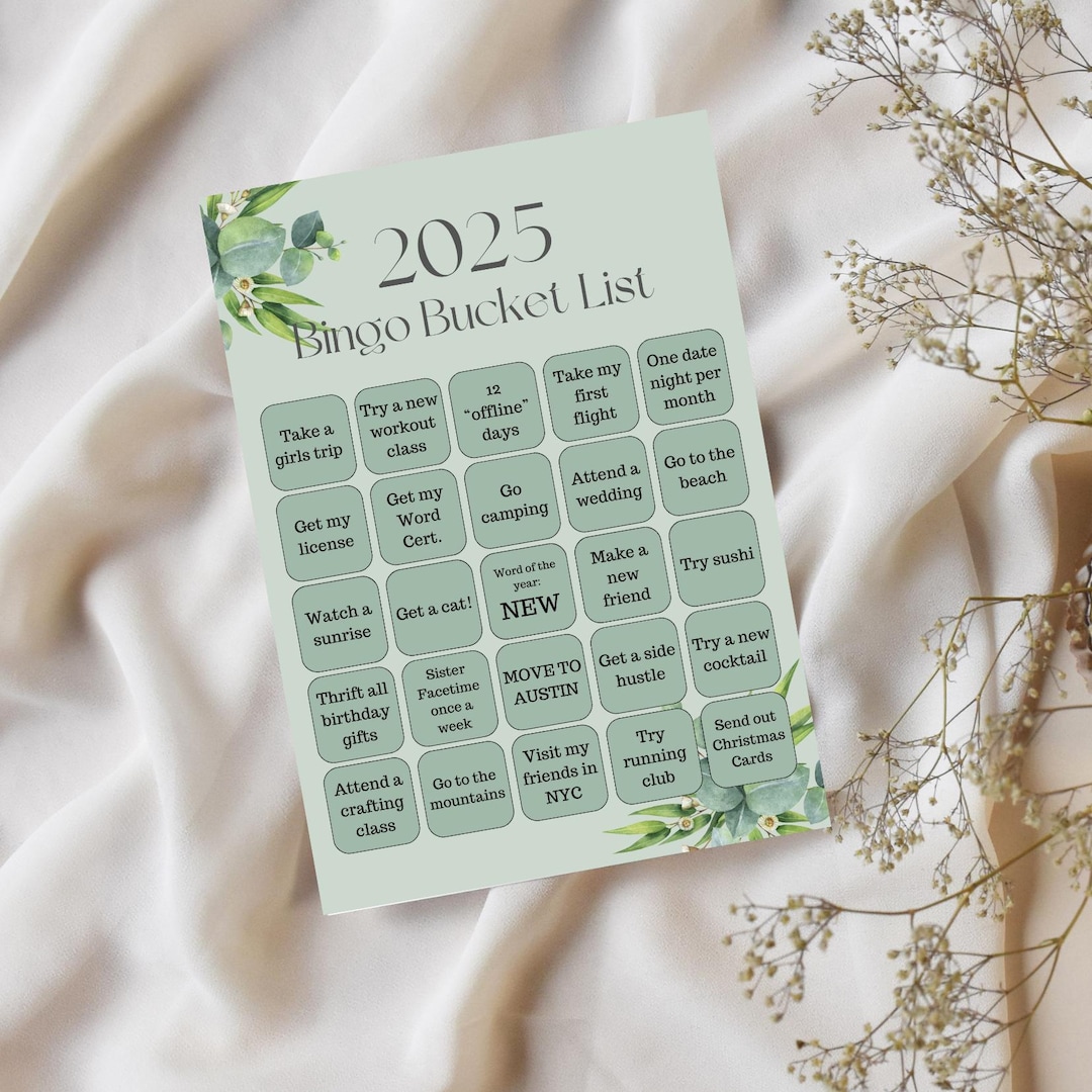 Green Floral 2025 Bucket List Bingo, Downloadable Goal Planner Template ...
