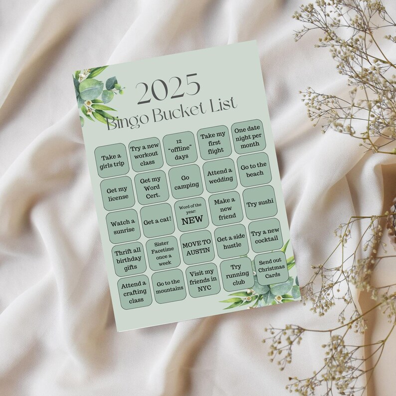 Green Floral 2025 Bucket List Bingo, Downloadable Goal Planner Template ...